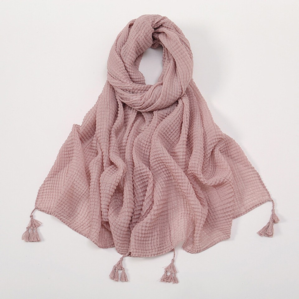 Women's Tassel Plaid Scarf Solid Color Muslim Shawls Hijabs Crinkle ...