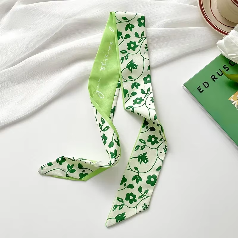 Green Long Strip Small Silk Scarf Female Thin Strip Streamer Tied Hair ...