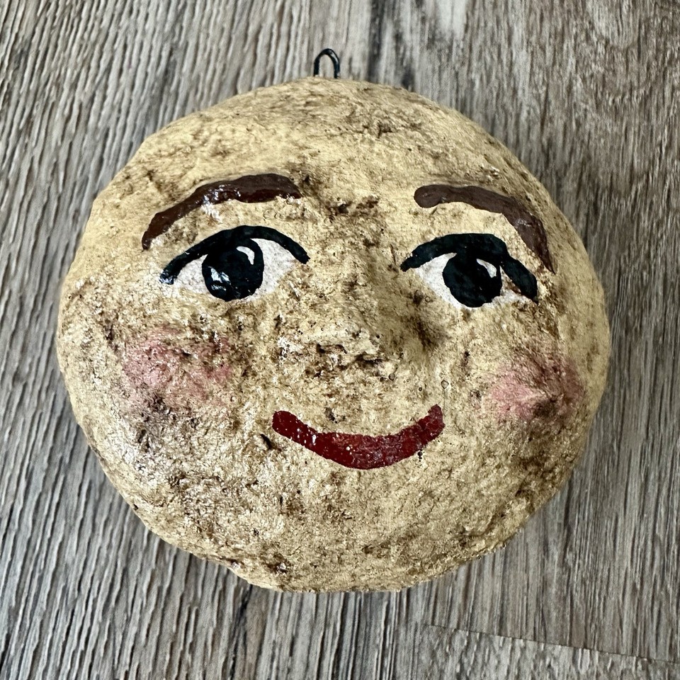 Paper Mache Full Moon Face Christmas Ornament Handmade Painted Folk Art ...