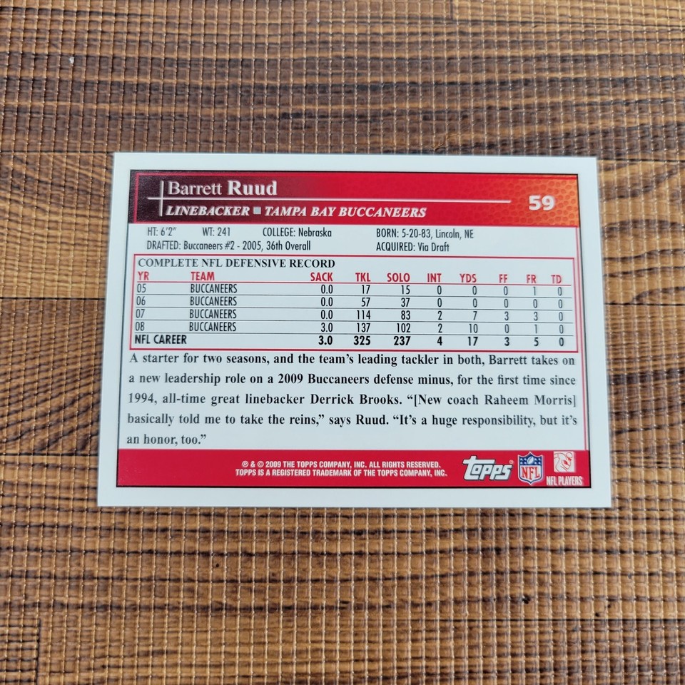 Barrett Ruud Tampa Bay Buccaneers Topps Card #59 MINT 2009 | eBay