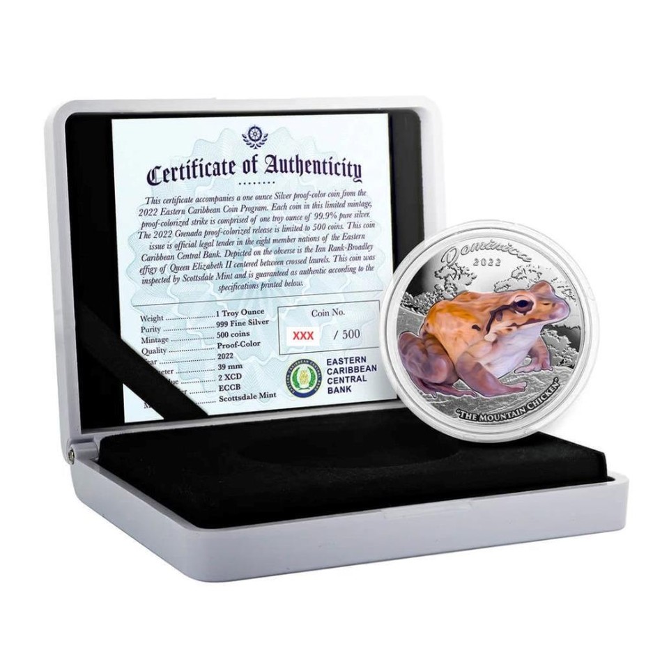 2022 1 oz Dominica Mountain Chicken .999 Silver Coin - Color Proof w ...