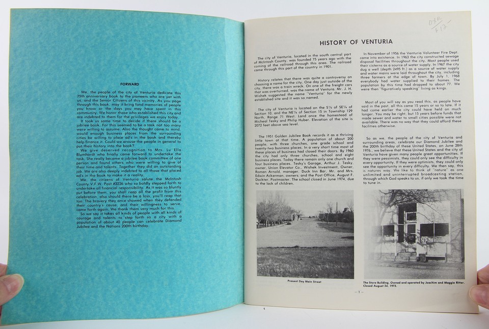 City of Venturia North Dakota 1976 Local History & Local Family ...