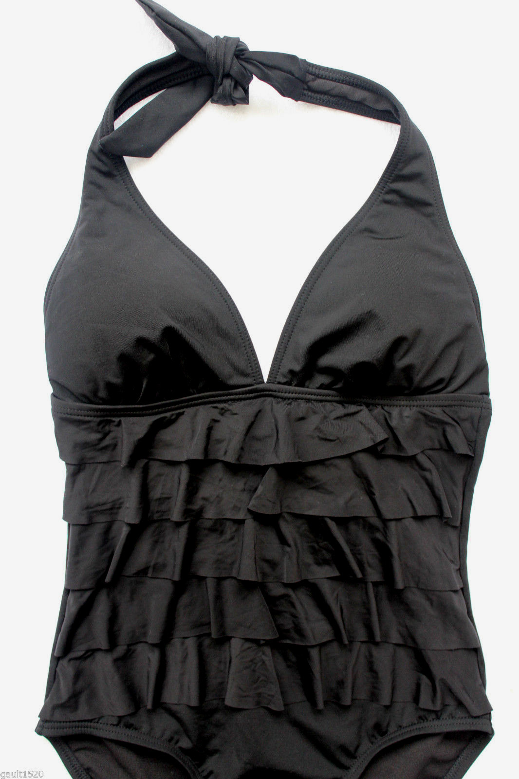 NWT Kenneth Cole Reaction Ruffled Black V-Neck Halter One Piece Swim ...