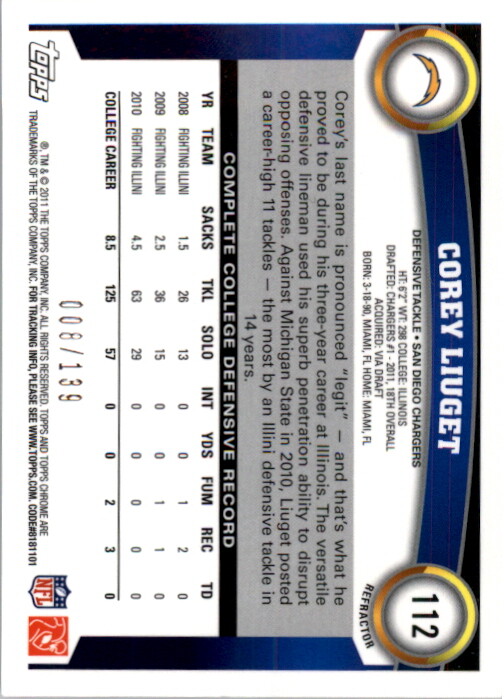 2011 Topps Chrome Crystal Atomic Refractors Football Card #112 Corey ...