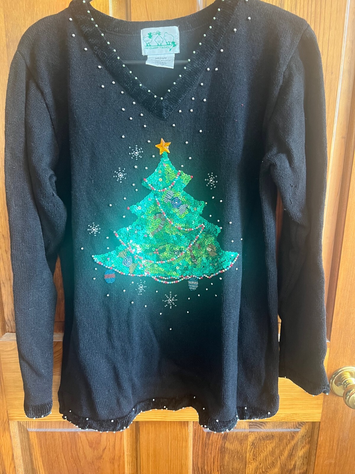 Vintage The Quacker Factory Black Cotton Christmas Tree Cardigan ...