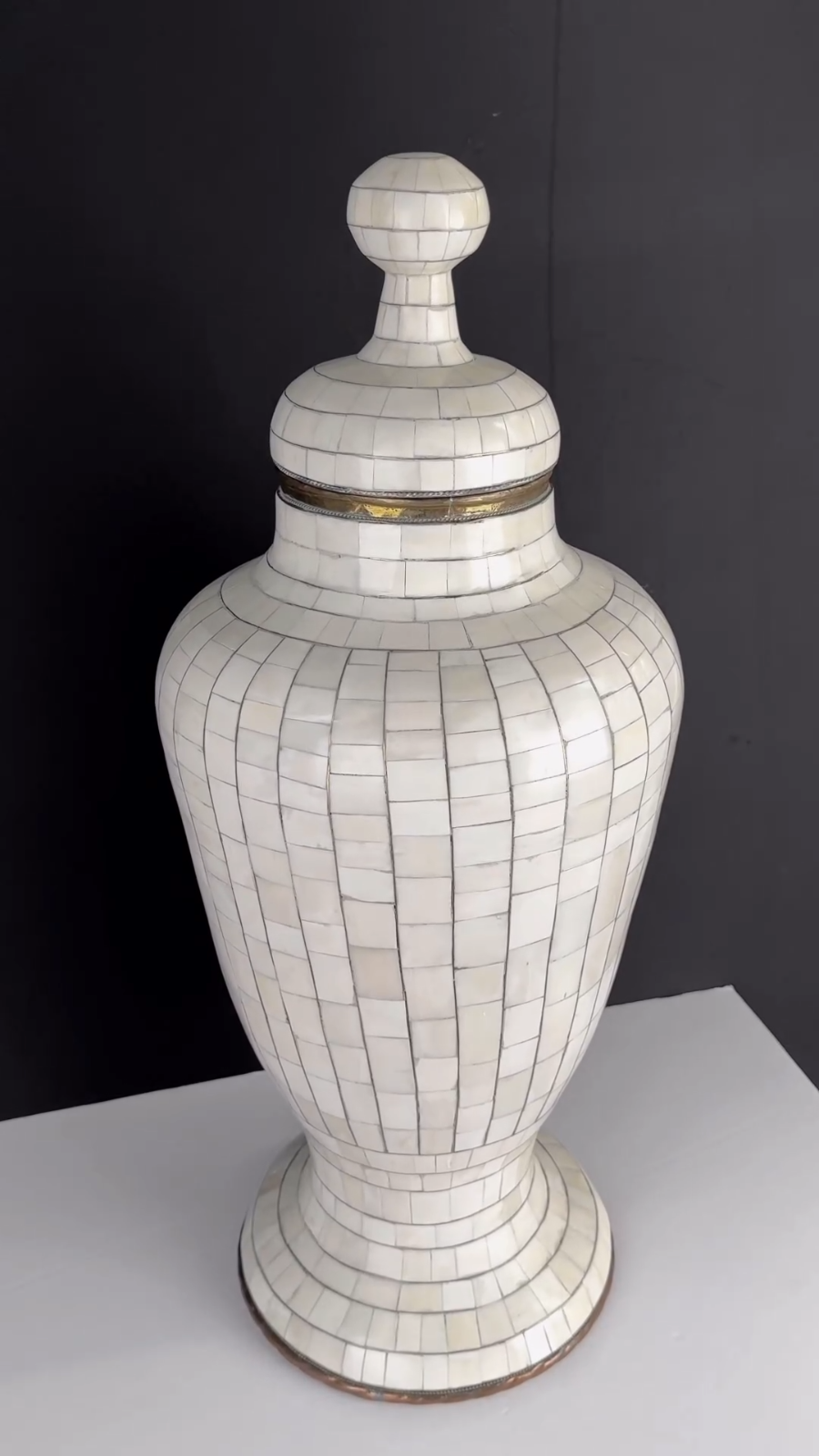 Mid-Century Off-White Mosaic Natural Bone with Brass Inlay Urn or Vase ...