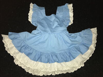 Vintage Girls Apron Dress Sz 3 BLUE PINAFORE Twirl Ruffle Eyelet Lace ...