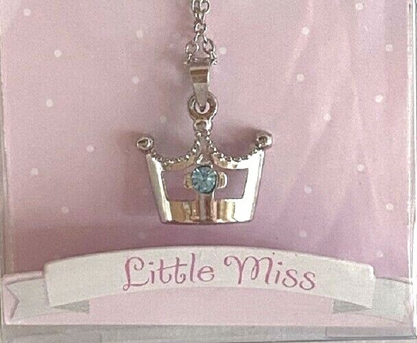 Little Miss Girl's Princess Crown Necklace March Birthstone 16" Chain ...