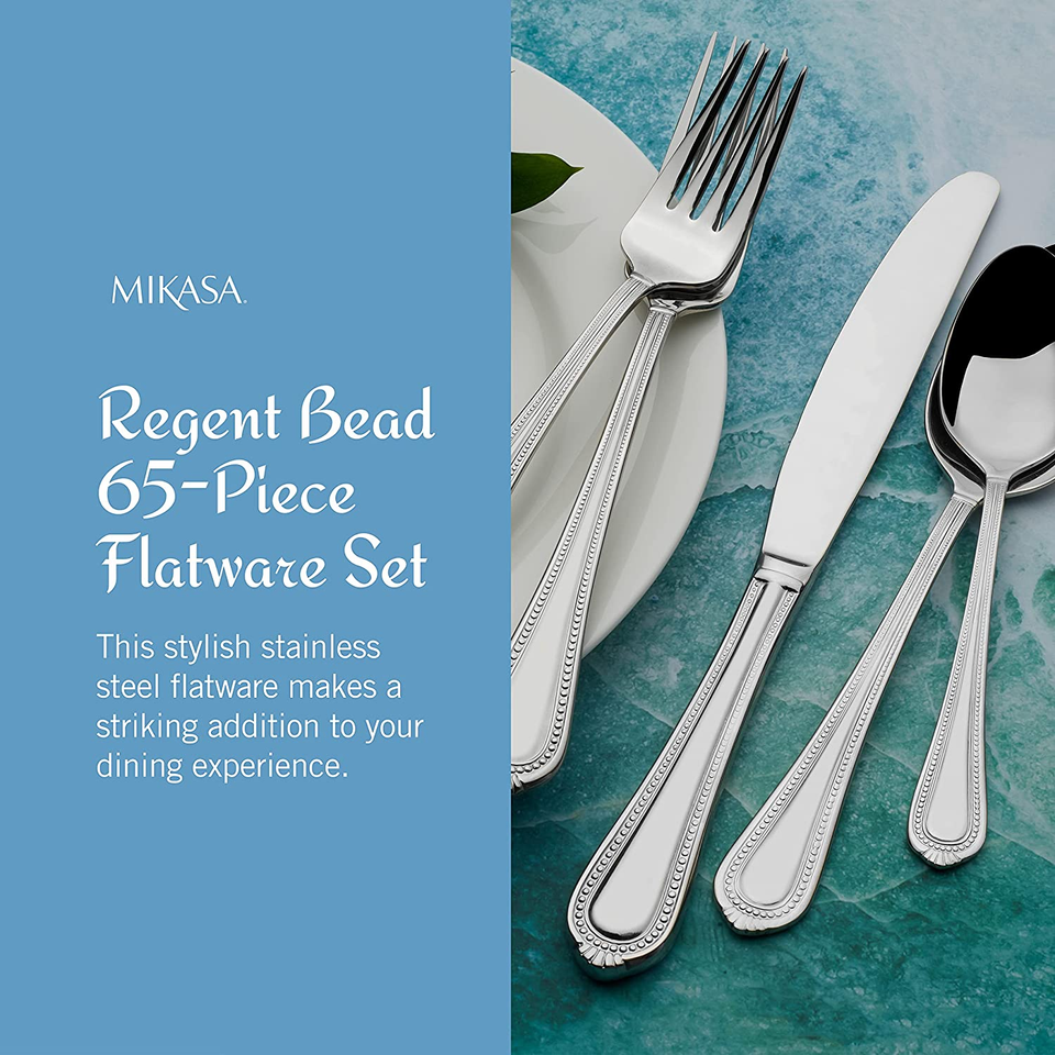 Mikasa Regent Bead 65-Piece Flatware Set for 12, 18/10 Stainless Steel ...