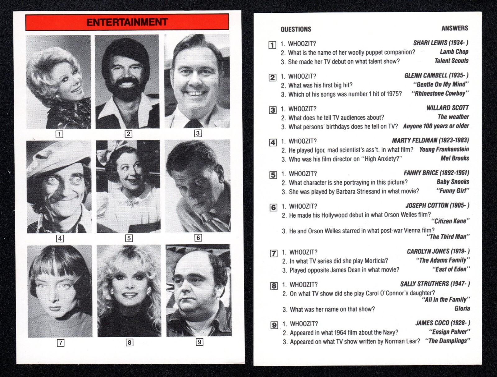 Glen Campbell Sally Struthers Shari Lewis Vintage Entertainment Trivia ...
