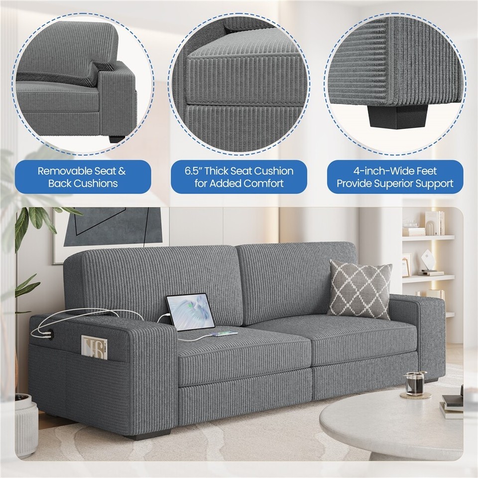Modern Corduroy Fabric Sofa Couch with Side Storage Pockets, USB ...