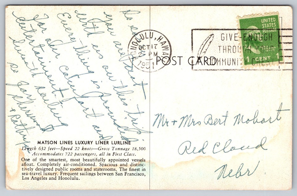 A762 Vtg Postcard Matson Lines Luxury Liner Lurline Los Angeles CA ...