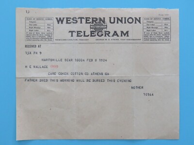 Original Vintage 1924 Western Union Telegram Death Notice H E Wallace ...