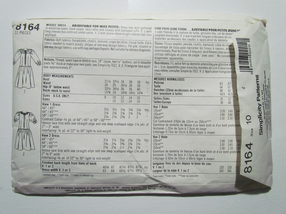 New Vtg Simplicity Pattern 8164 Belle France Dress Size 10 | eBay