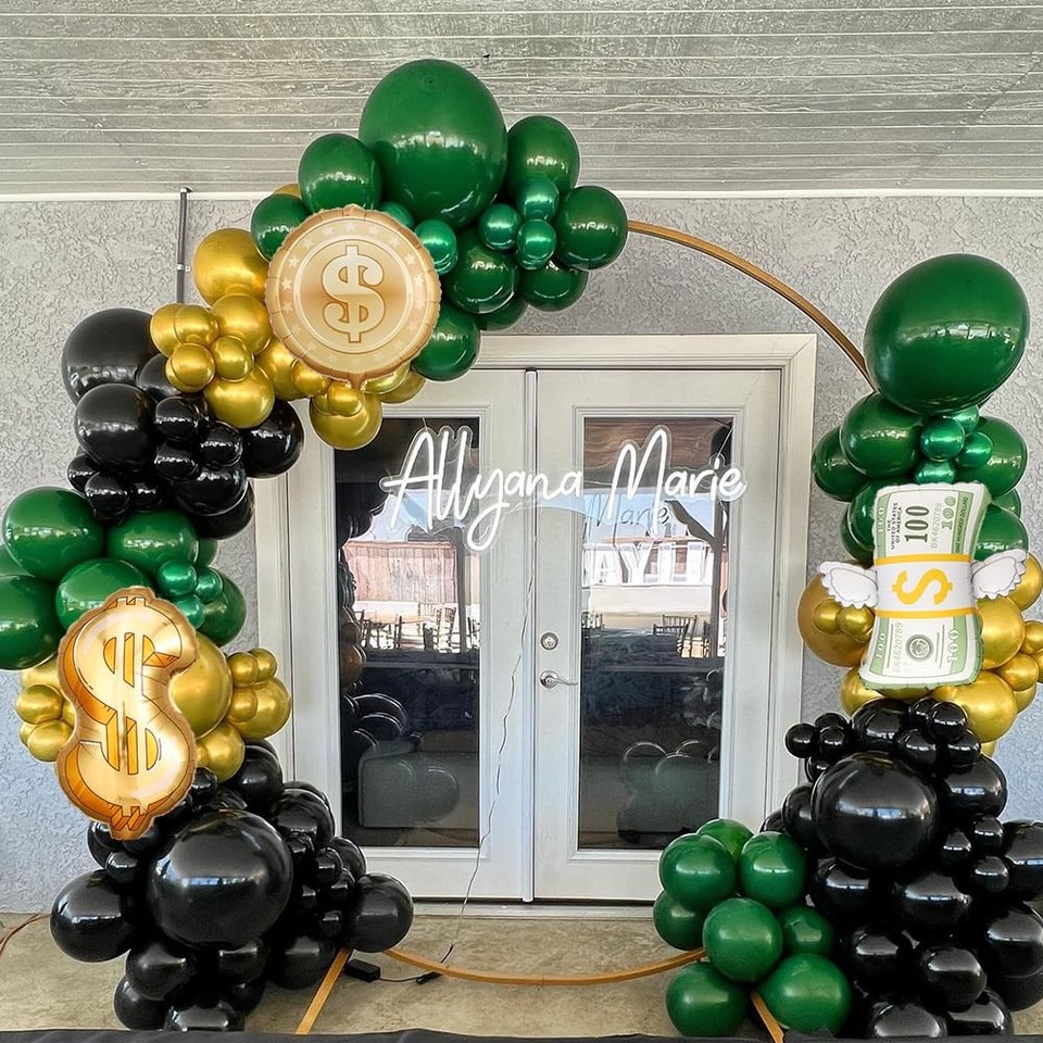 150Pcs Dollar Balloon Arch Kit, Green Metallic Gold Black Balloons with ...