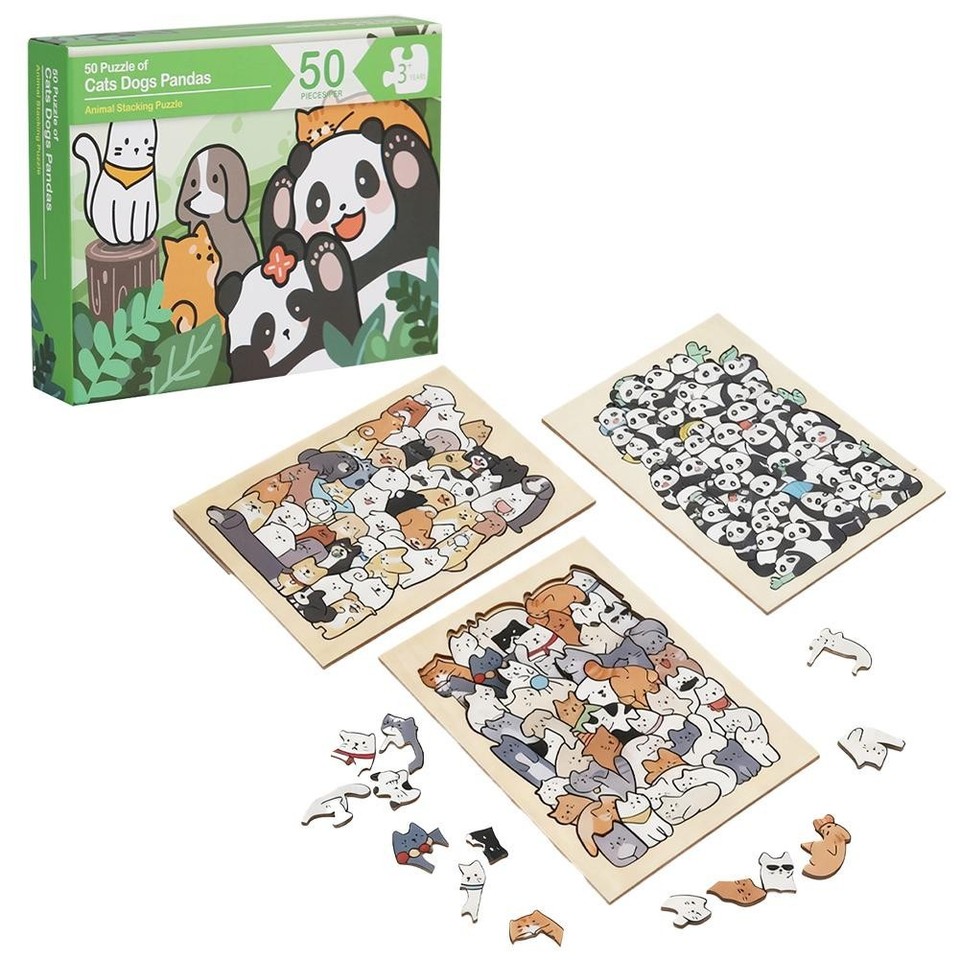 50-Piece MorandiColored Cat Shaped Wooden Jigsaw Puzzle, Panda/Dog ...