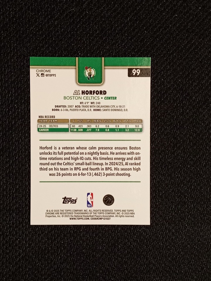2025-26 Topps NBA Chrome Basketball Al Horford Boston Celtics Card | eBay
