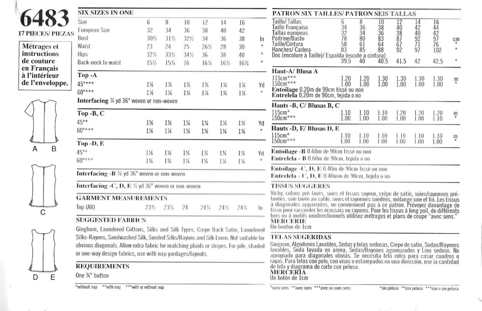 Uncut New Look Sewing Pattern # 6483 Misses' Top In Five Variations ...