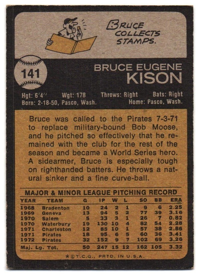 1973 Topps Baseball #141 Bruce Kison Pittsburgh Pirates - VG/Ex | eBay