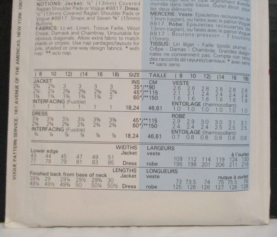 Very Easy Very Vogue Pattern 9845 Misses Jacket & Dress Size 8-10-12 ...