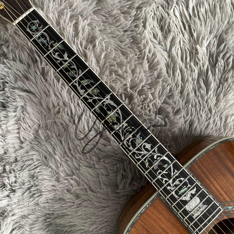 new Full Koa Brown Handmade Acoustic Electric Guitar Flower Inlay with ...