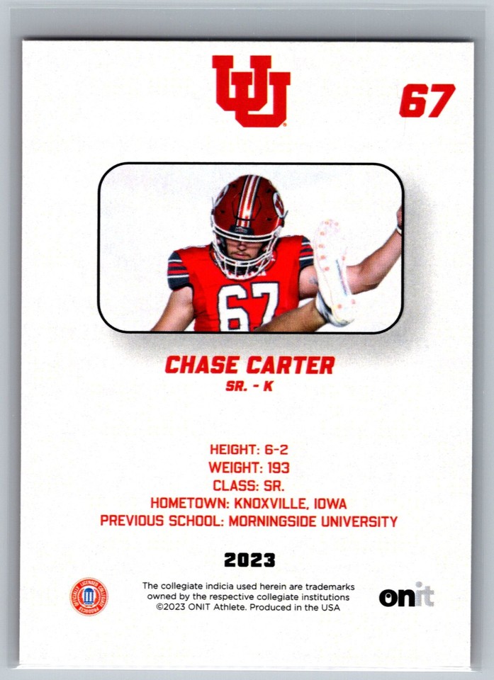 Chase Carter 2023 ONIT University of Utah Utes #11 Football Card RC ...