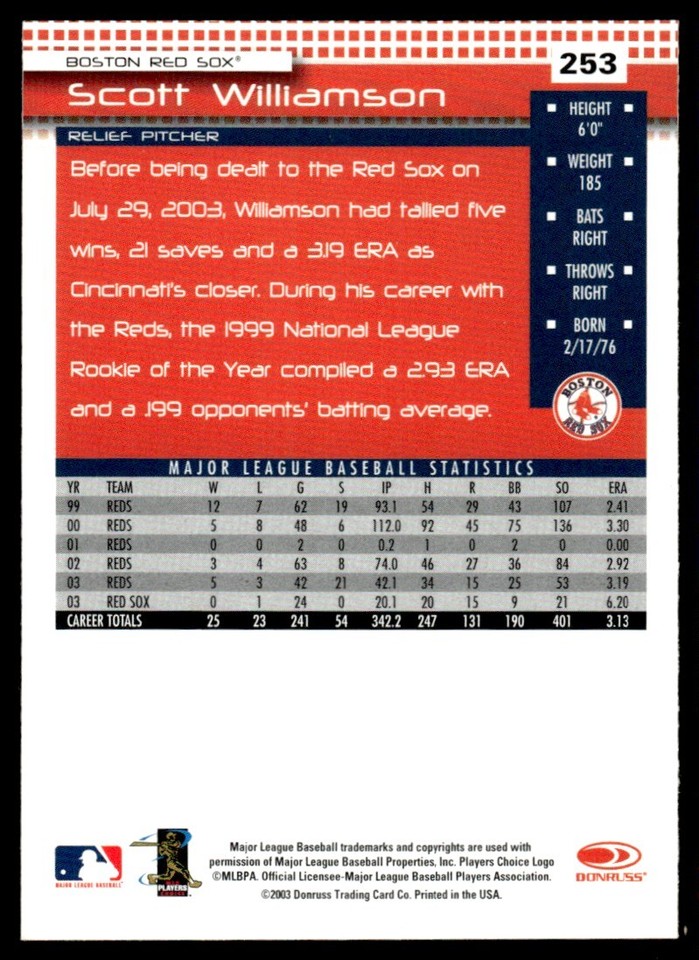 2004 Donruss Scott Williamson Boston Red Sox #253 | eBay