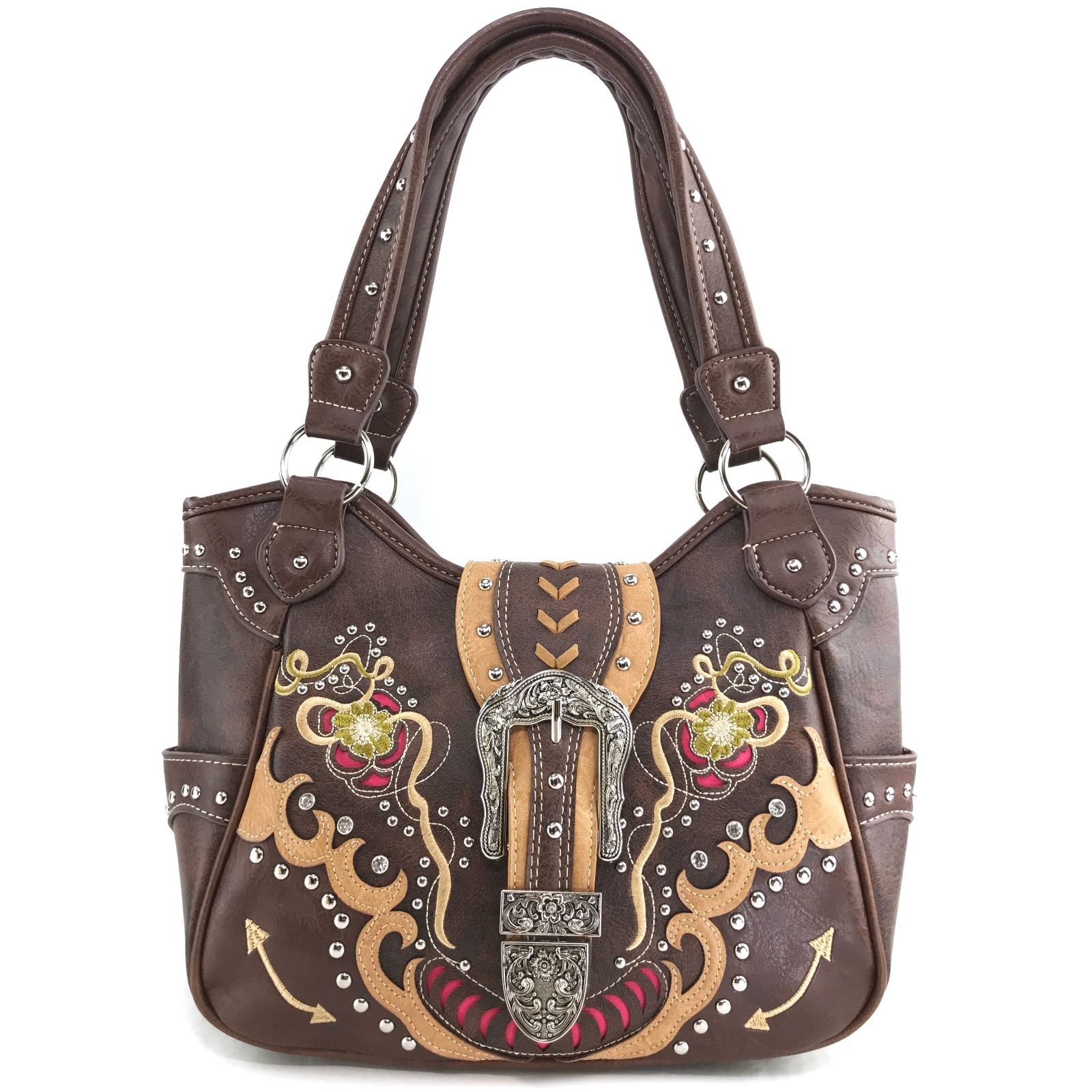 Justin West Buckle Flower Stud Floral Conceal Carry Shoulder Handbag ...