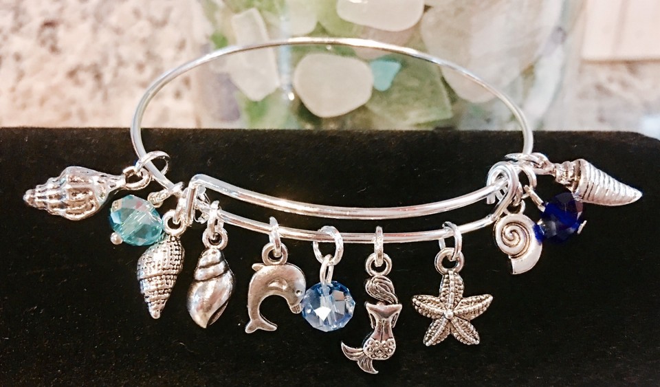 Mini sea shells, Mermaid & Dolphin Silver charm Expandable Bangle ...