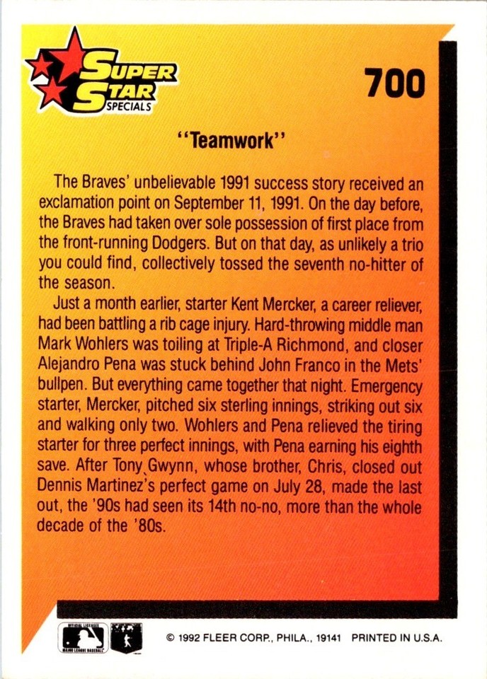 1992 Fleer Mark Wohlers/Kent Mercker/Alejandro Pena #700 Atlanta Braves ...
