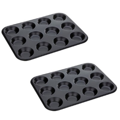 2 PACK 12 Hole Non Stick Shallow Bun Cake / Cupcake Oven Baking Tray ...