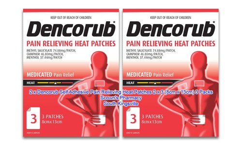 2 x Dencorub Self Adhesive Pain Relieving Heat 8cm x 13cm 3 Patches = 6 ...