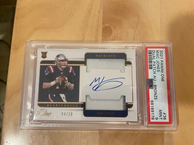 2021 Panini One Mac Jones Rookie Dual Patch Autograph card numbered 04/ ...