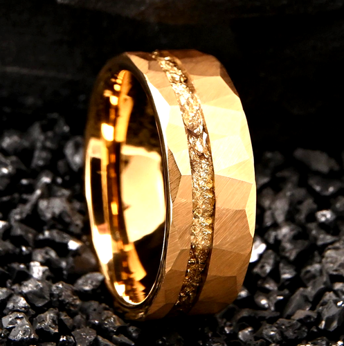 Men’s 8mm Hammered Yellow Gold Leaf Inlay Tungsten Carbide Ring Wedding ...