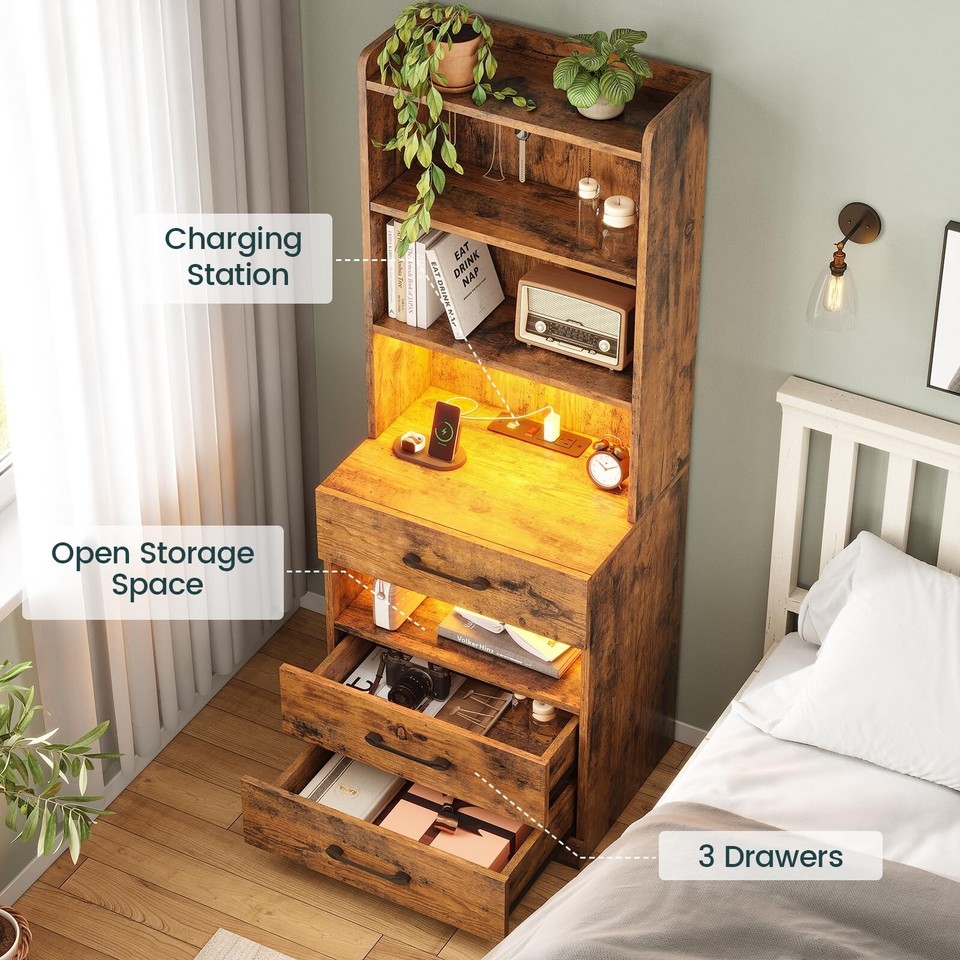 Tall Night Stand with LED Lights & 3 Drawers,Bedside Table with ...