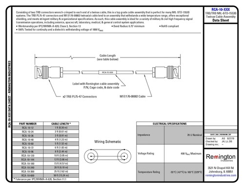 TRB/TRB MIL-STD-1553B Twinax Cable Assembly, 50 ft Length, PL75-47 ...