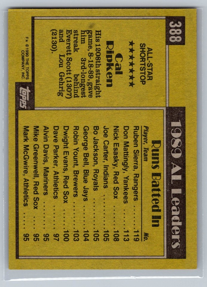 1990 Topps All-Star Baseball #388 Cal Ripken HOF Baltimore Orioles | eBay