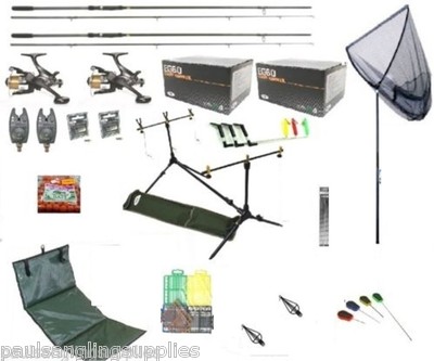 Carp Fishing Set Up Kit Rods Reels Rigs Alarms Bait Tackle Tools Mat PC ...
