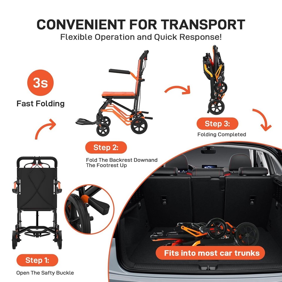 Lightweight Folding Transport Chair Foldable WheelChair 220Lb Capacity ...
