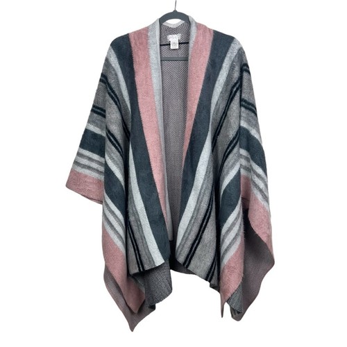 Free People Off Road Ruana Poncho Oversized Shawl Pink Gray Stripe Soft ...