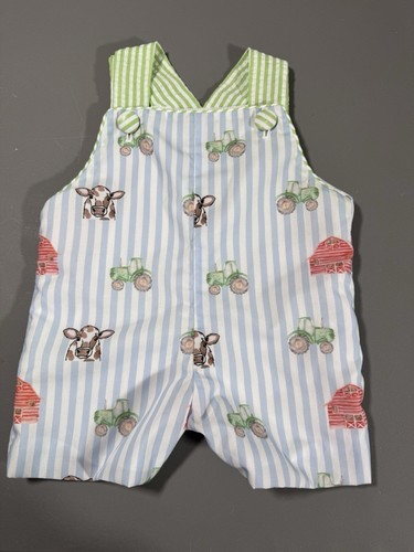 Southern Sass Smocks Romper Blue Striped W/ Tractors & Cows Romper Size ...