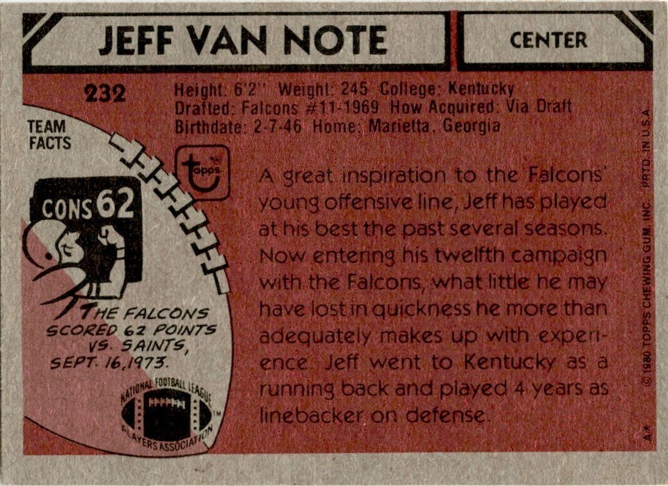 1980 Topps Football #232 Jeff Van Note Falcons - Variation - faded ...