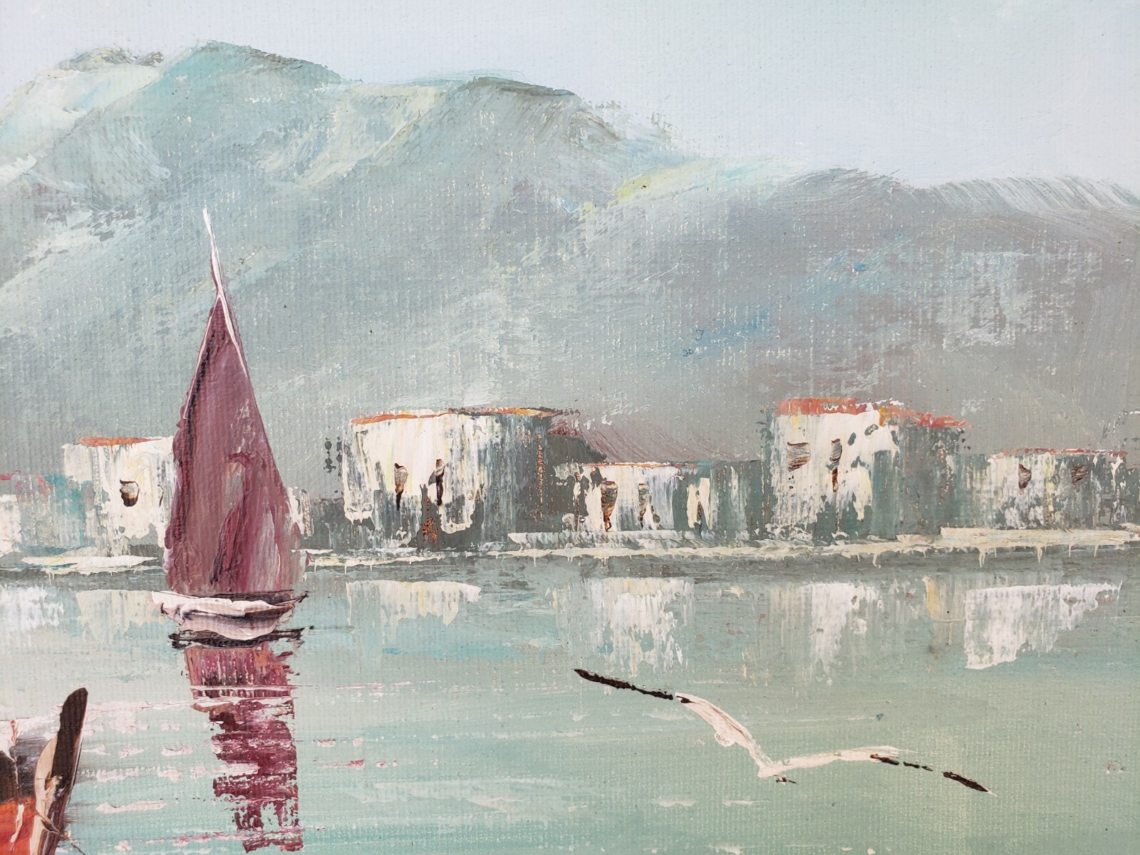 Vintage P Stirrat 36x24" Oil Painting of Fishing Boats Dock Harbor ...