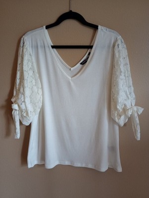 Unique Spectrum Knit Women's Top V-Neck 3/4 Floral Lace Sleeves Off ...