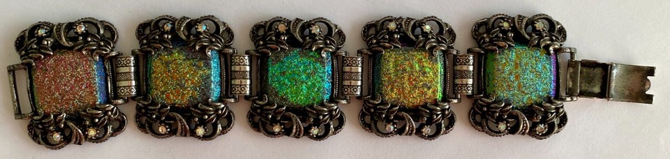 Vintage Iridescent Panel Bracelet Ornate Glass Cabochon Heliotrope ...