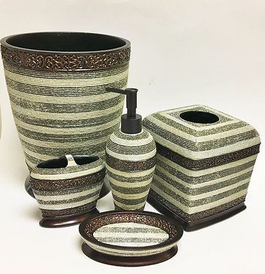 5 PC SET RESIN CREAM+BROWN+GRAY STRIPED TEXTURED SOAP DISPENSER+NAPKIN ...