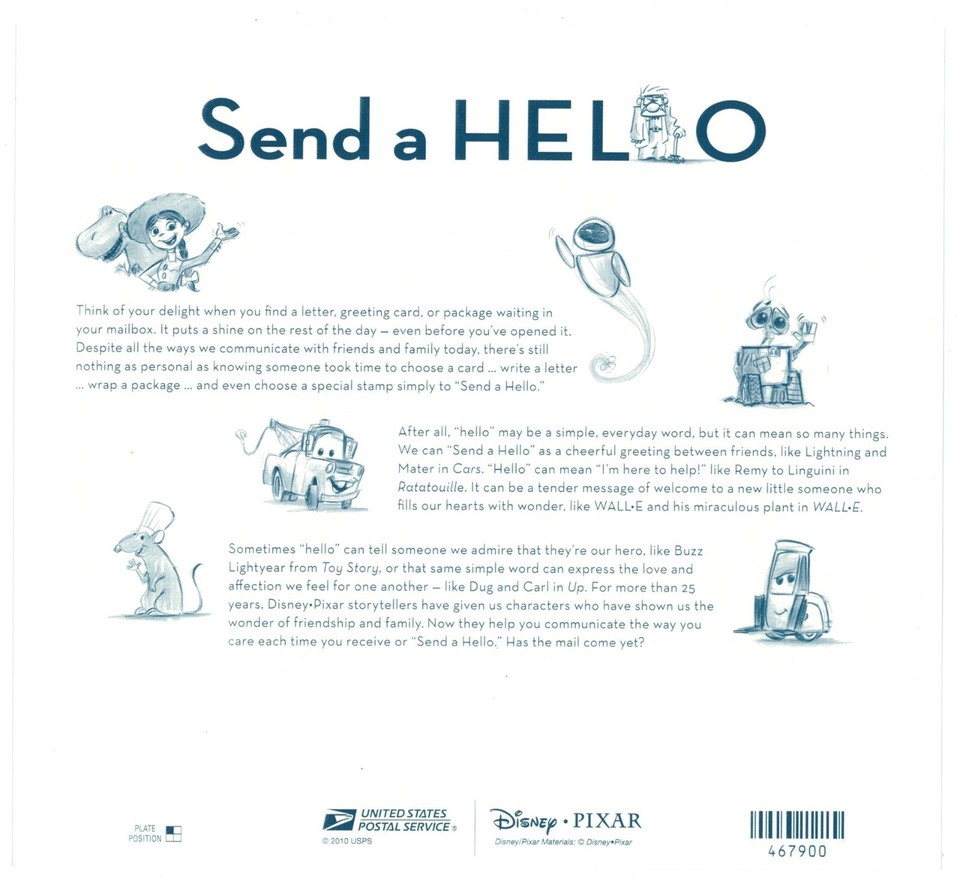 2010 USPS Forever Stamp Sheet "Send a Hello" Disney/Pixar Sheet of 20 ...