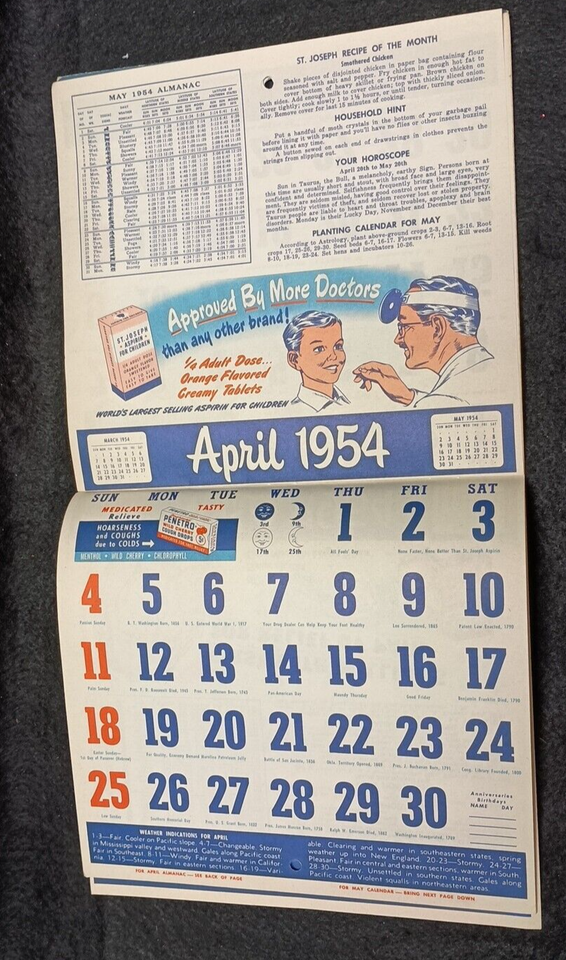 ADVERTISING ST. JOSEPH CALENDAR FERRANTE PHARMACIES 1954 CLIFTON ...