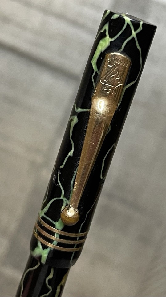 Mabie Todd Swan Fountain Pen Black With Green Veins - 14k Fine Nib ...