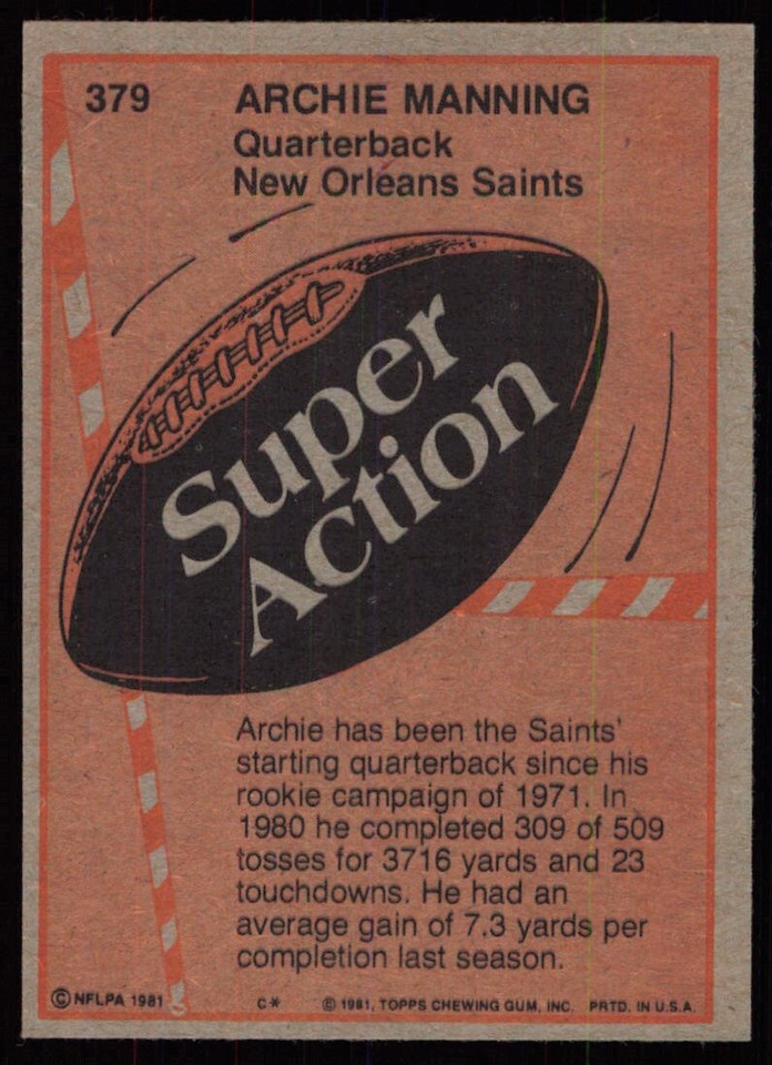 1981 Topps Archie Manning New Orleans Saints #379 | eBay